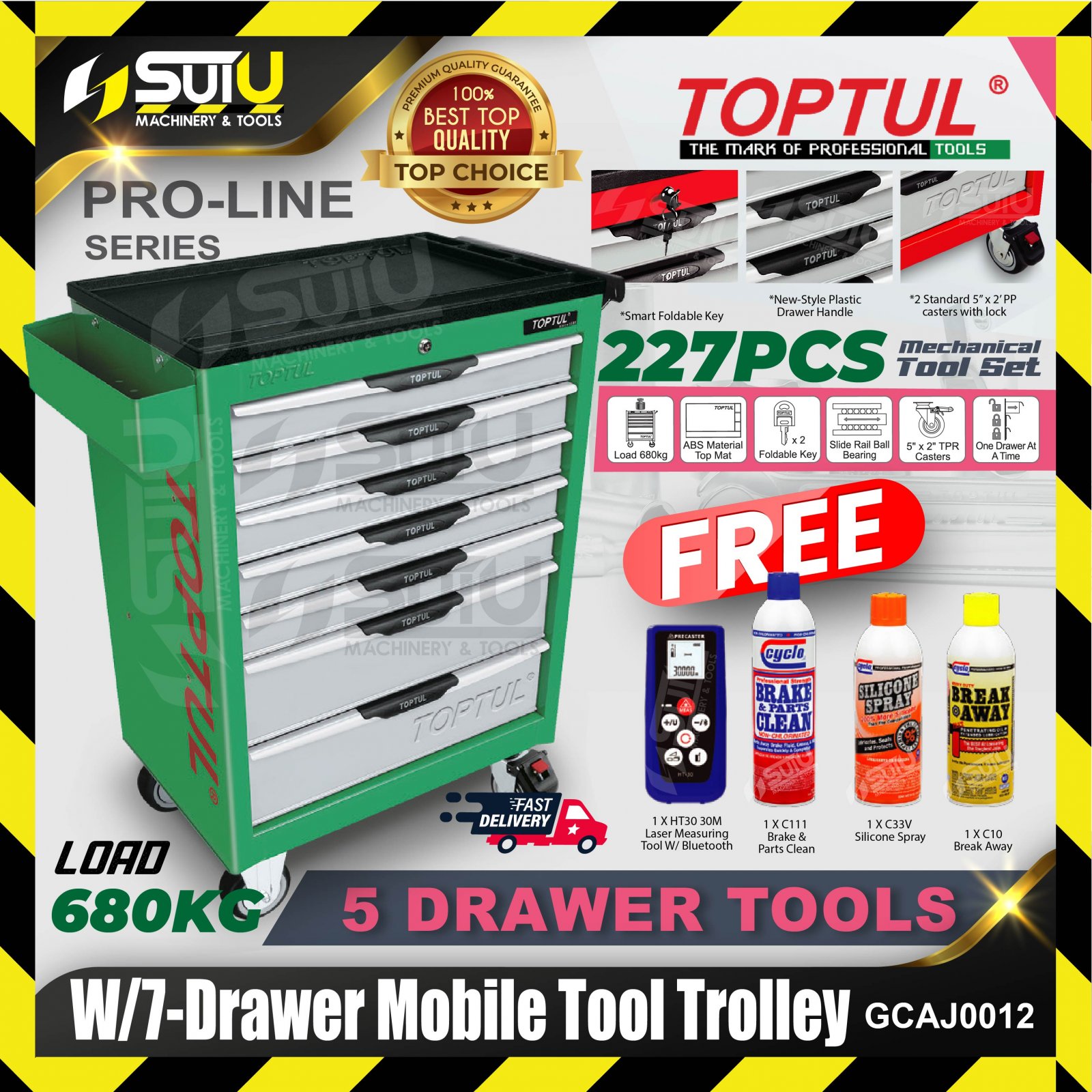 TOPTUL GCAJ0012 7 Drawer Mobile Tool Trolley c/w 227pcs Mechanical Tool ...