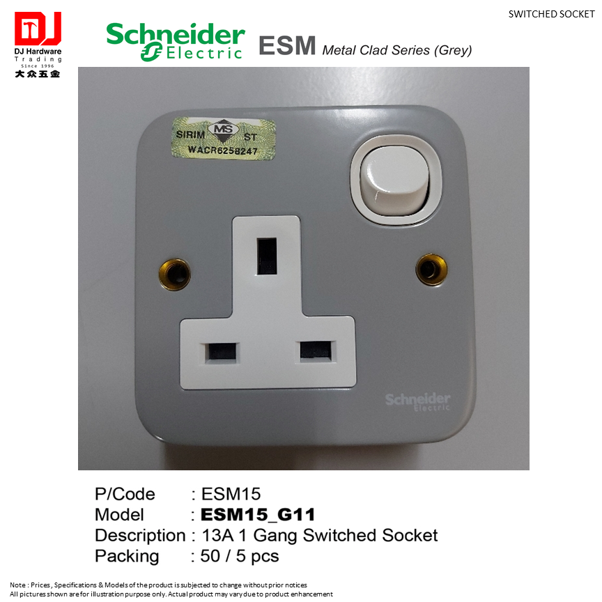 SCHNEIDER ELECTRIC ESM METAL CLAD SERIES GREY SWITCHED SOCKET 13A 1 ...