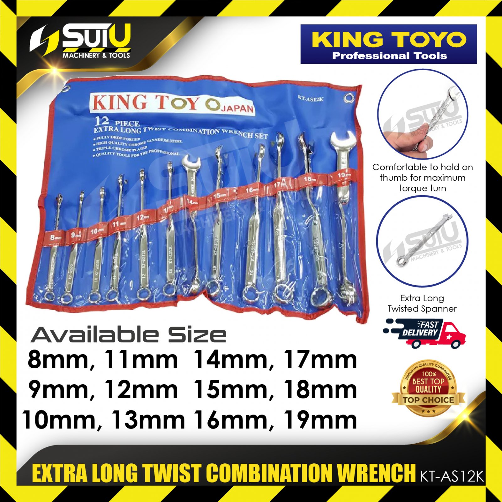 KING TOYO KT-AS12K 12PCS Extra Long Twist Combination Wrench (8-19MM ...