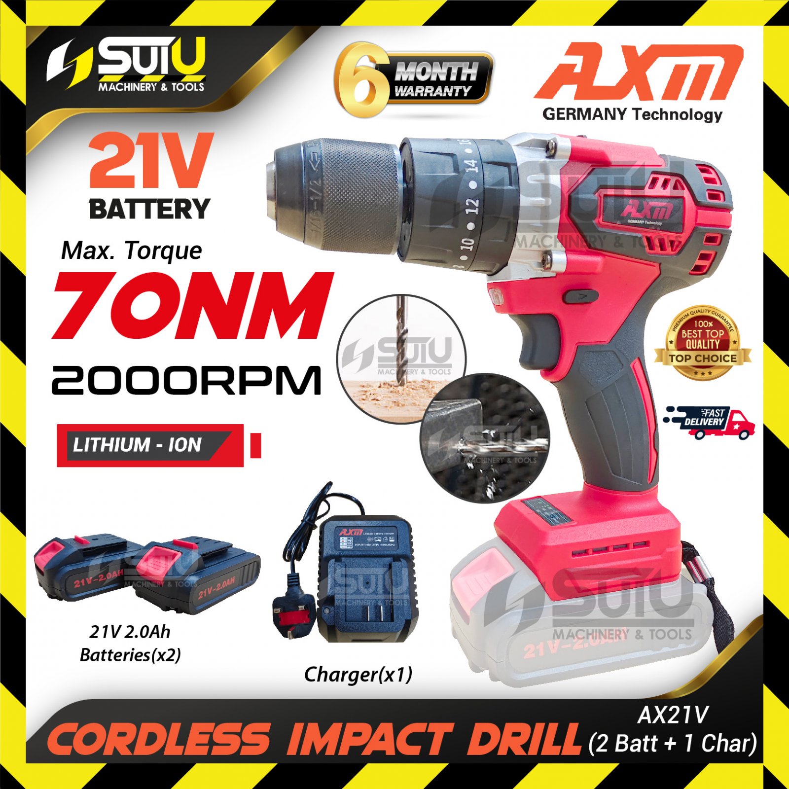 AXM AX21V / AX21V-13MM 13MM 70NM Cordless Impact Drill c/w 2Bat2.0Ah ...
