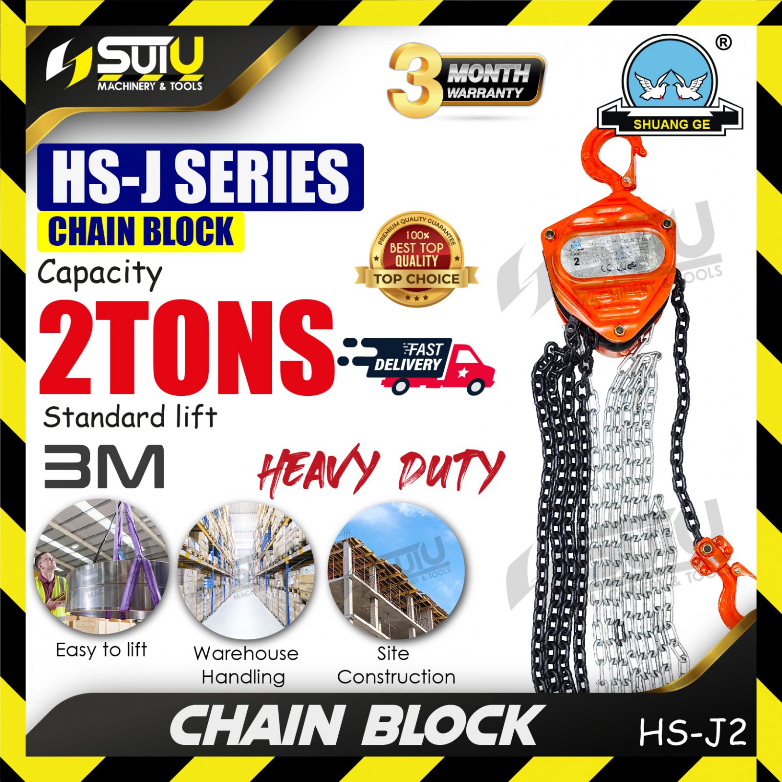 SHUANG GE HS-J2 / HSJ2 2 TON x 3M Heavy Duty Chain Block Chain Block ...