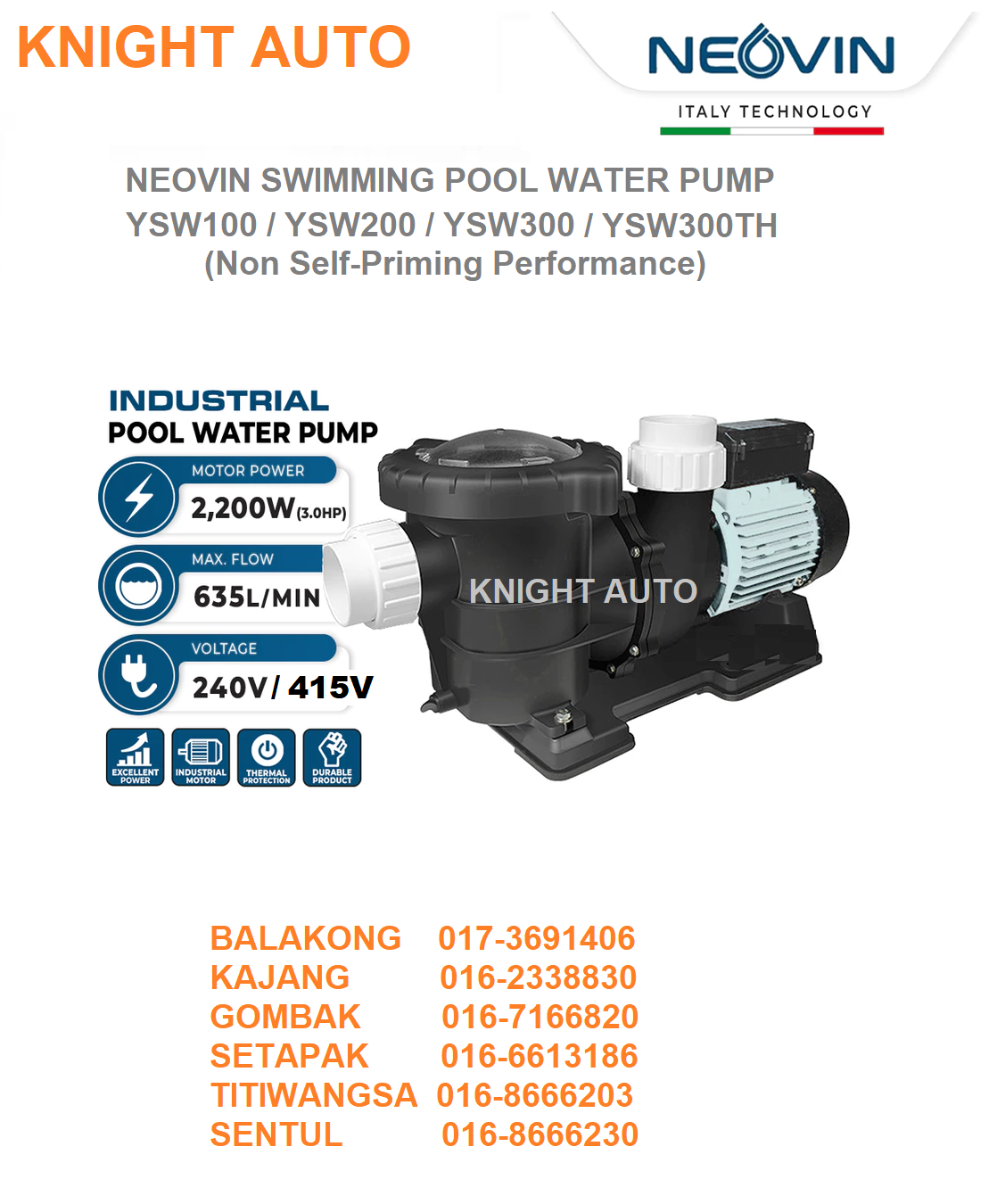 NEOVIN Swimming Pool Water Pump (Non Self-Priming Performance) Single ...