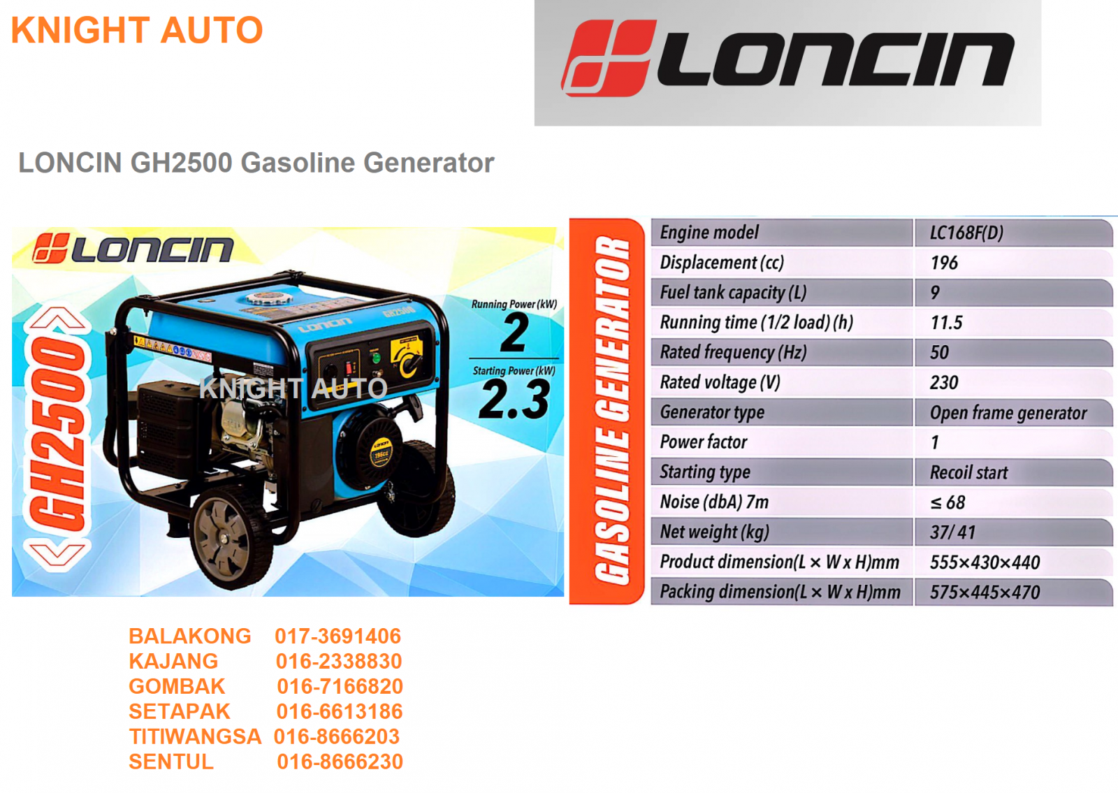 LONCIN Gasoline Generator GH2500 196CC 2.3kW ID37026 / GH3500 212CC 3 ...