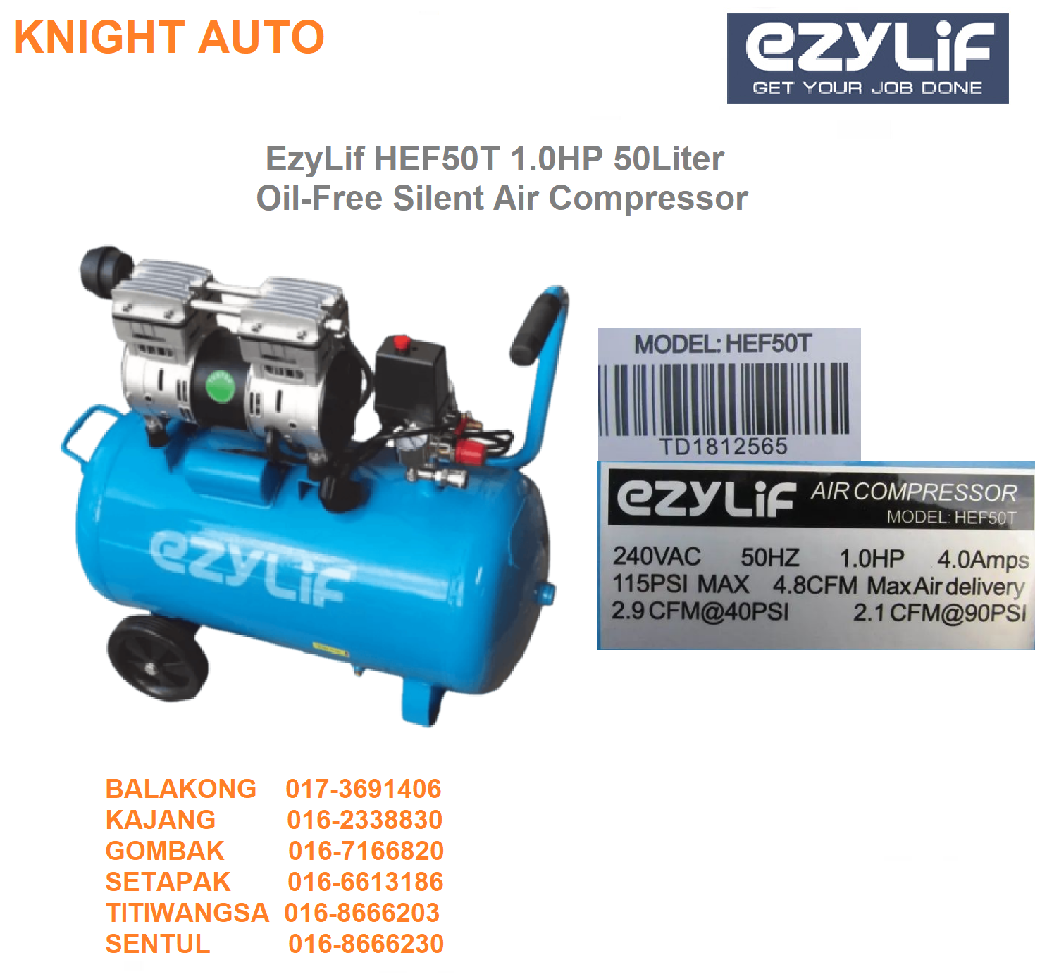 Ezylif HEF50/HEF50T 1HP 50L Oil-Less Air Compressor Air Compressor ...