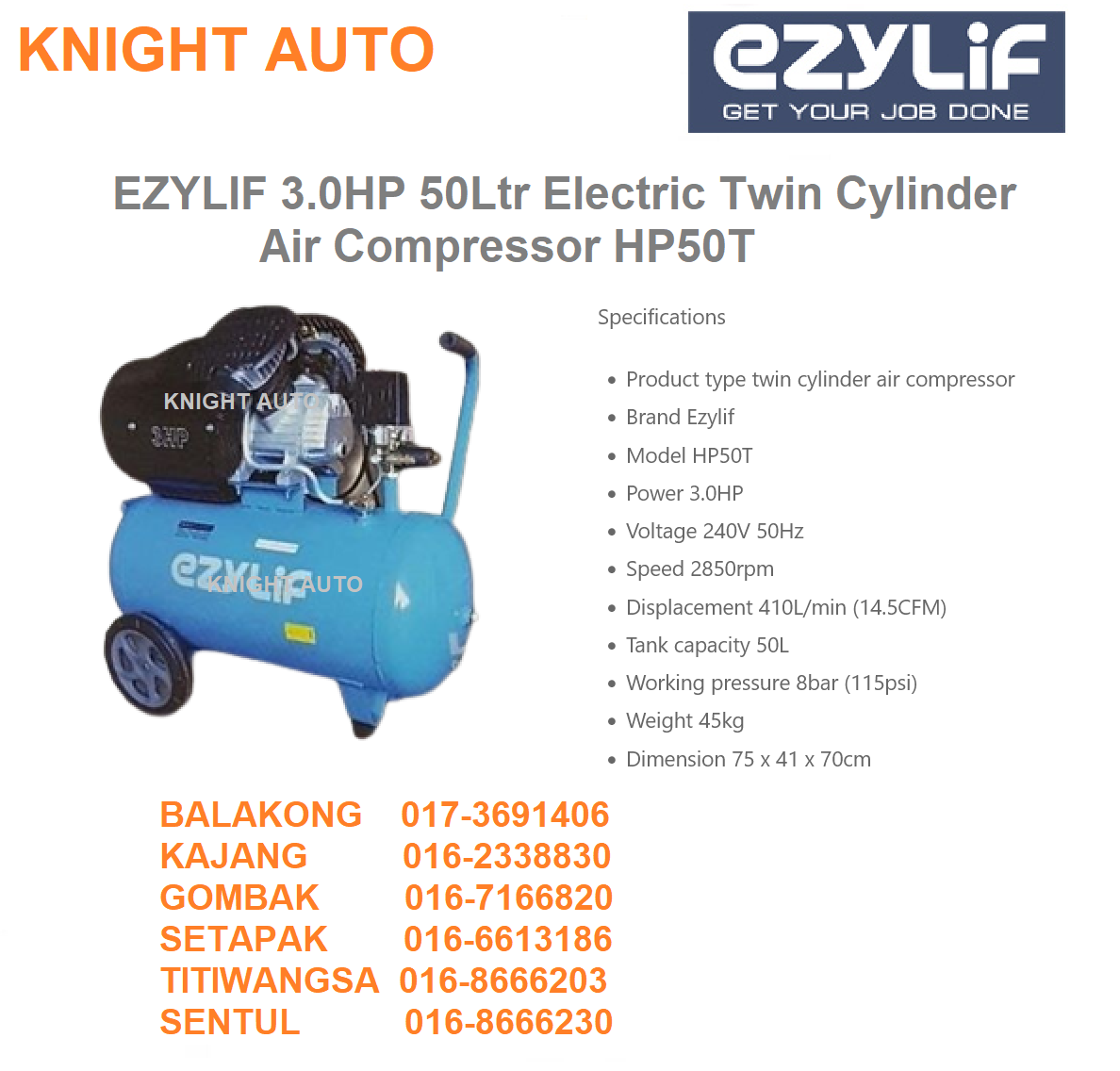 EZYLIF 3.0HP 50Ltr Electric Twin Cylinder Air Compressor HP50T Air ...