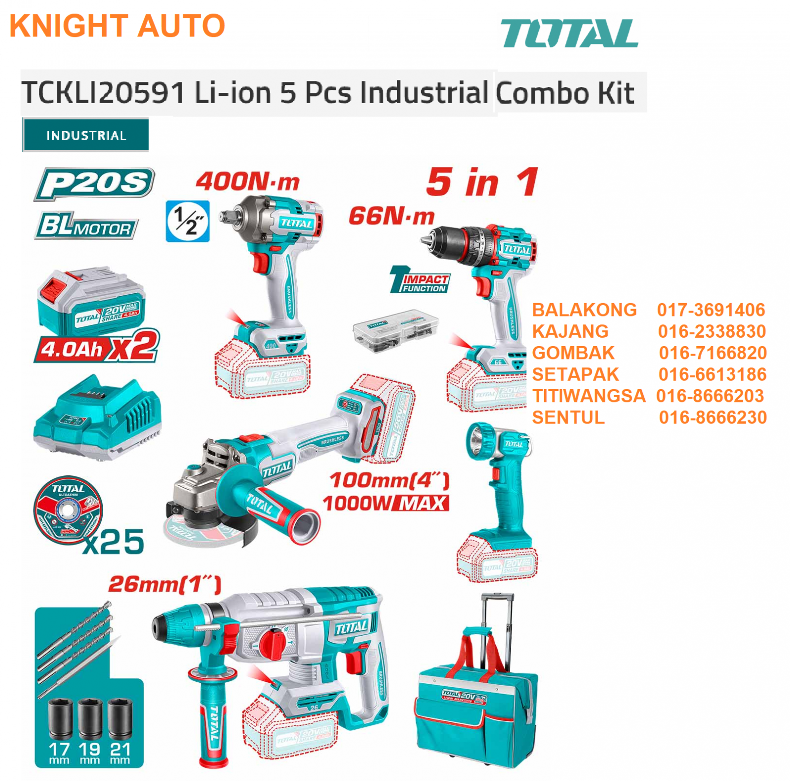 TOTAL P20S TCKLI20591 Li-ion Cordless 5 Pcs Industrial Combo Kit ...