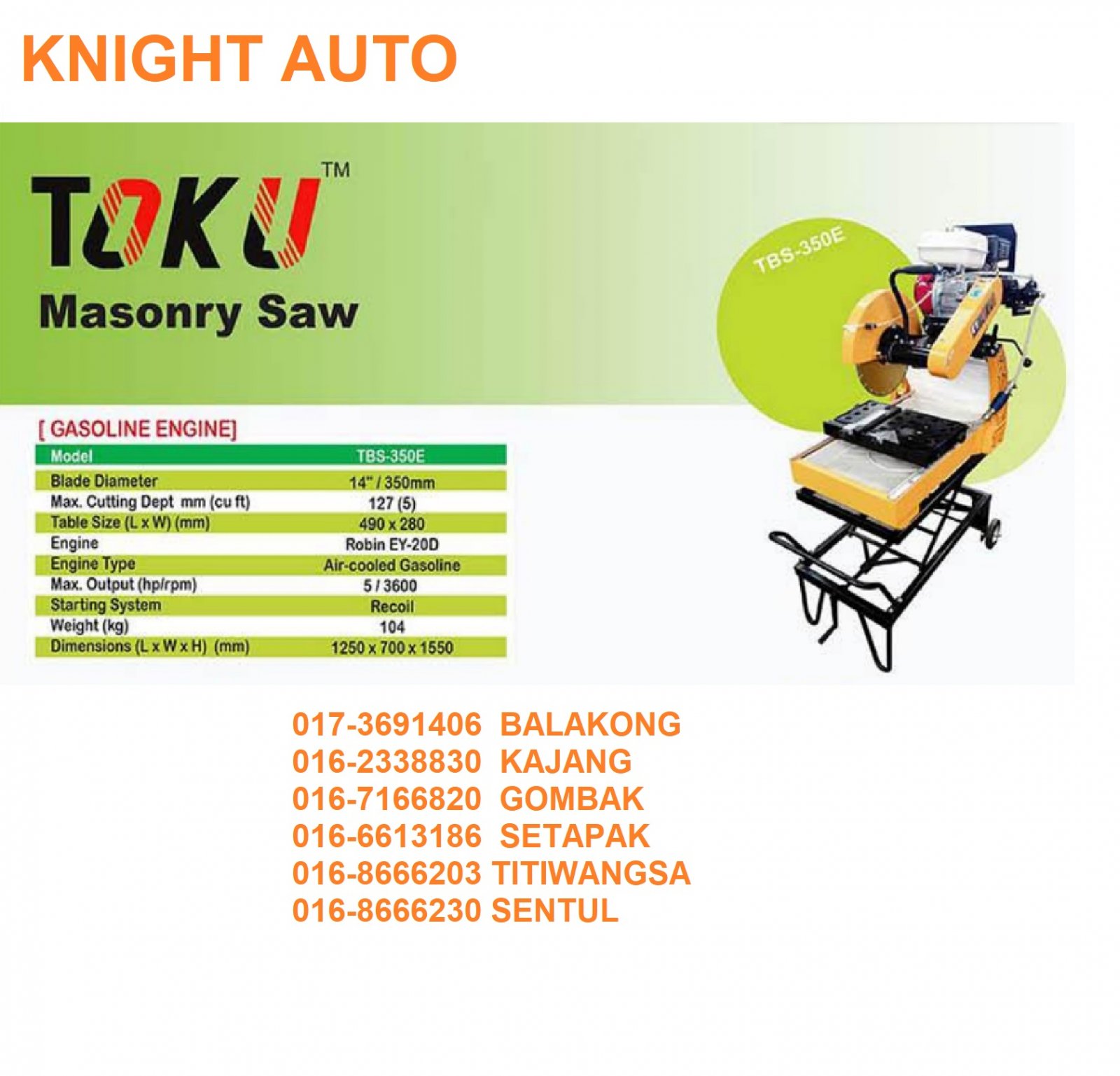 Toku TBS350E Masonry Cutter 14″ Diamond Blade Cutting Depth 127mm ...
