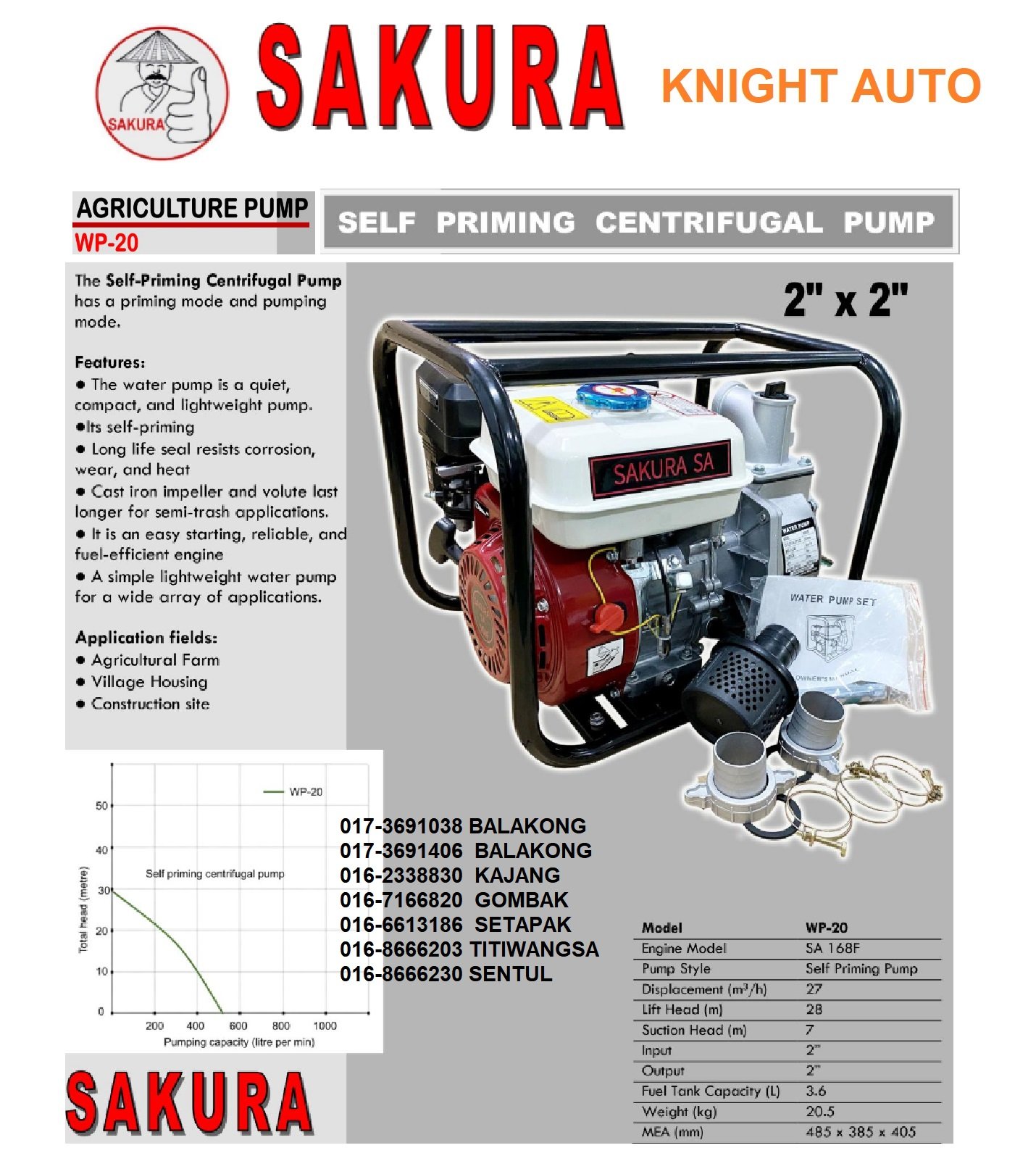 SAKURA Self Priming Centrifugal Pump (WP-20) 2" X 2" 3.6L L001 Diesel ...