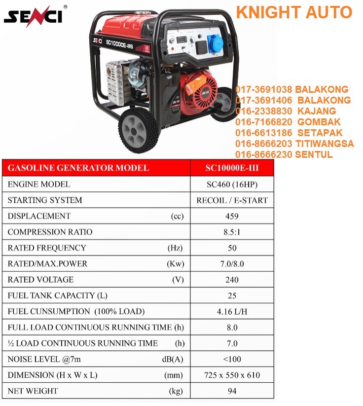 SENCI SC10000E-III Gasoline Generator SC460 (16HP) 459cc 50hz 8kW 25L ...