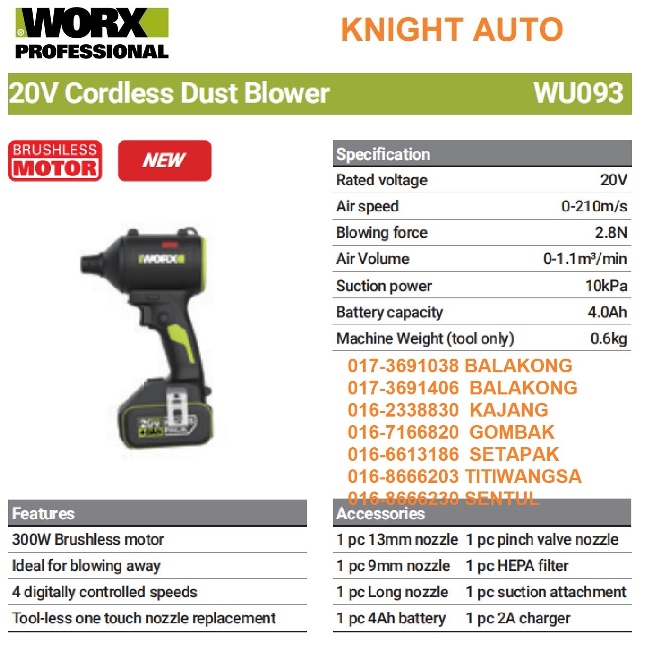 WORX WU093 20V Cordless Dust Blower Brushless 300W 2.8N 10kPa 4.0Ah ...
