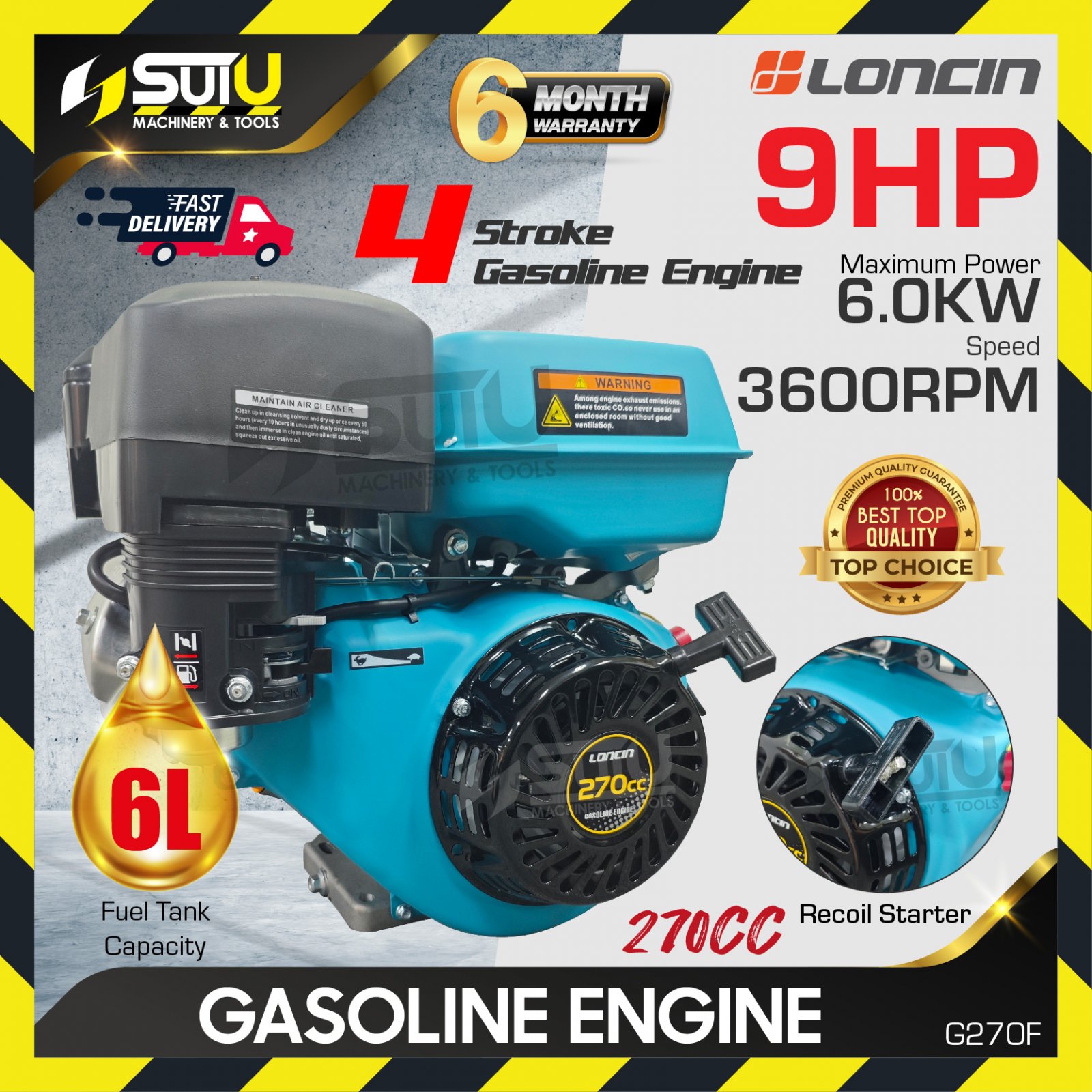 LONCIN G270F 9HP 270CC 4-Stroke Gasoline Engine 6.0kW Gasoline Engine ...