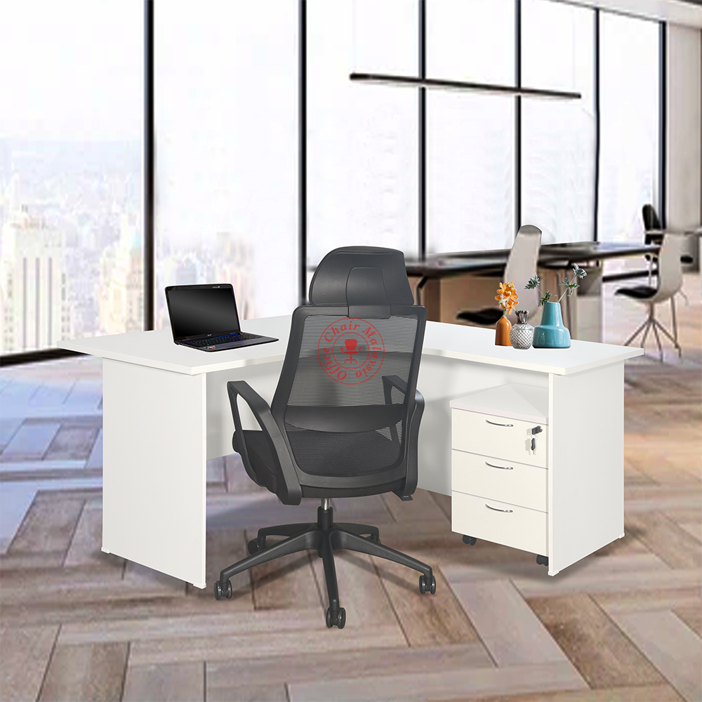 White L Shape Table C/w Drawer 3D | Office Table With Drawer | Meja L ...