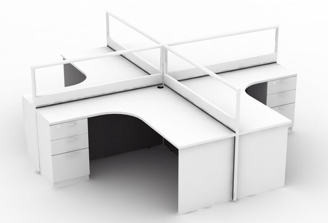 4 CLUSTER L-SHAPE WORKSTATION C/W HALF GLASS PARTITION, WOODEN LEG ...