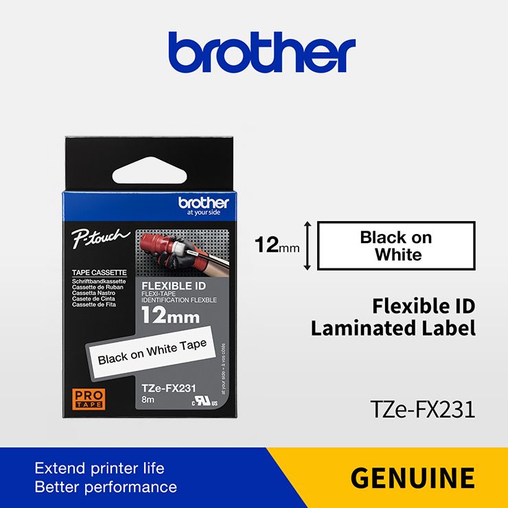 Brother Original TZeFX231 Black On Black 12mm Flexible Identification ...