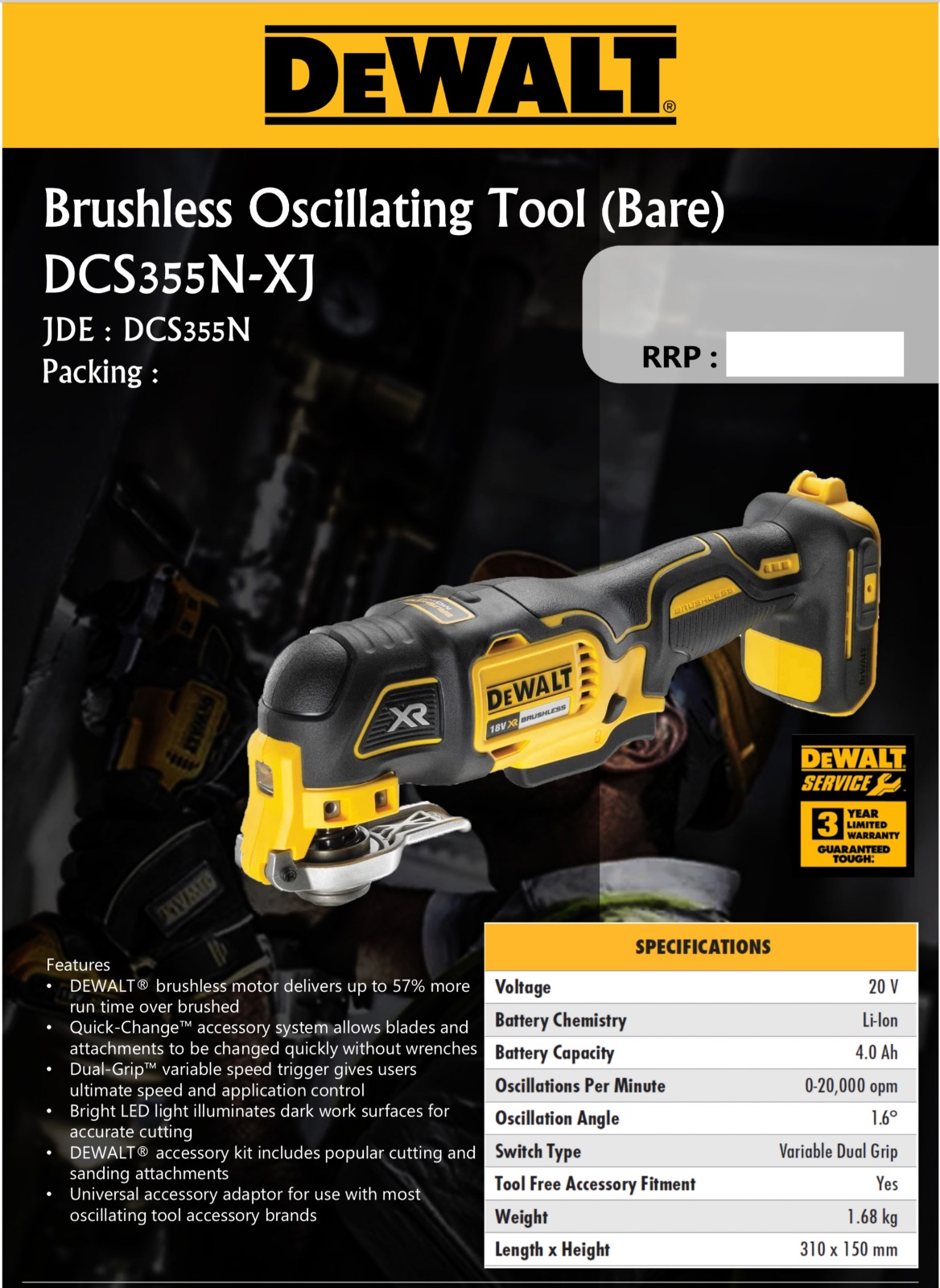 DEWALT Brushless Oscillating Tool (Bare) DCS355N-XJ Bathroom Series ...