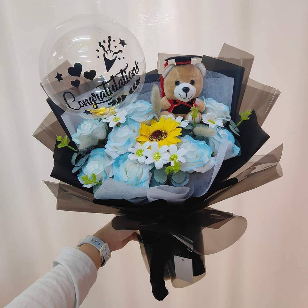 9 Stalk Mix Soap Flower With Graduation Bear And Balloon Blue Color ...