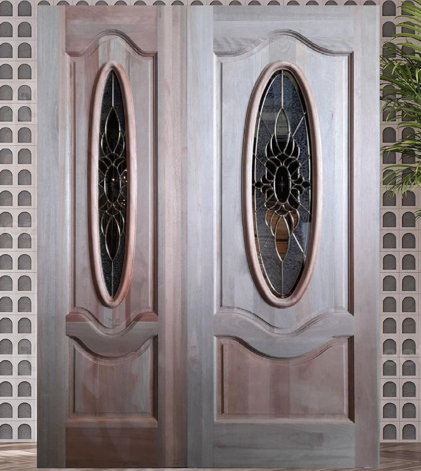 DECORATIVE SOLID WOODEN DOOR GLASS DESIGN UNEQUAL DOUBLE LEAF DC1HE ...