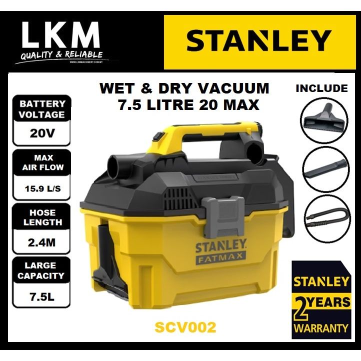 Stanley SCV002 20V Cordless Wet And Dry Vacuum Cleaner 7.5L / 2.4M Hose ...