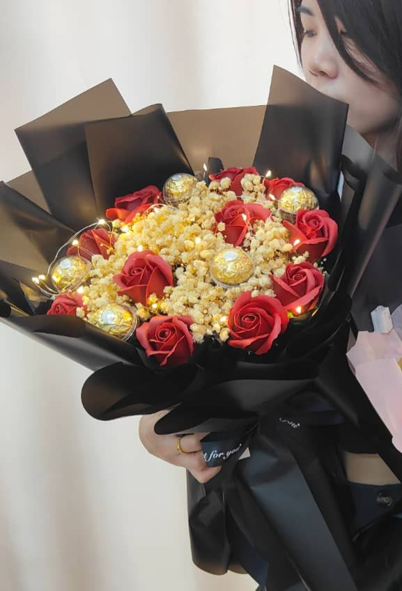 11 Stalk Red Soap Roses +5 Ferrero Chocolate +Baby Breath Flower ...
