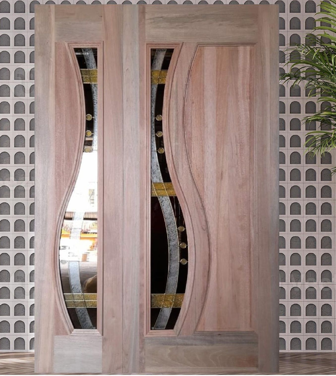 DECORATIVE SOLID WOODEN DOOR GLASS DESIGN UNEQUAL DOUBLE LEAF DC71HE ...