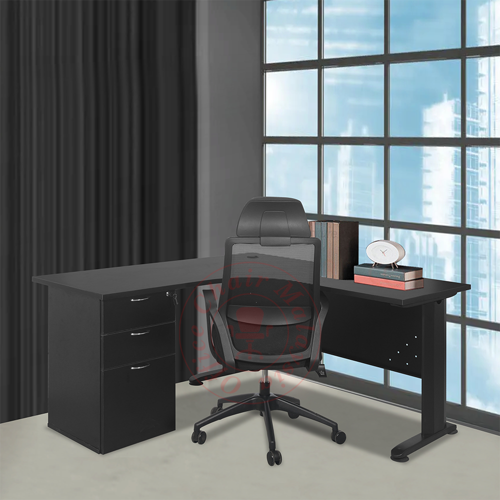 Full Black L Shape Table C/w 2D1F Office Table | MJMF Black | Meja L ...
