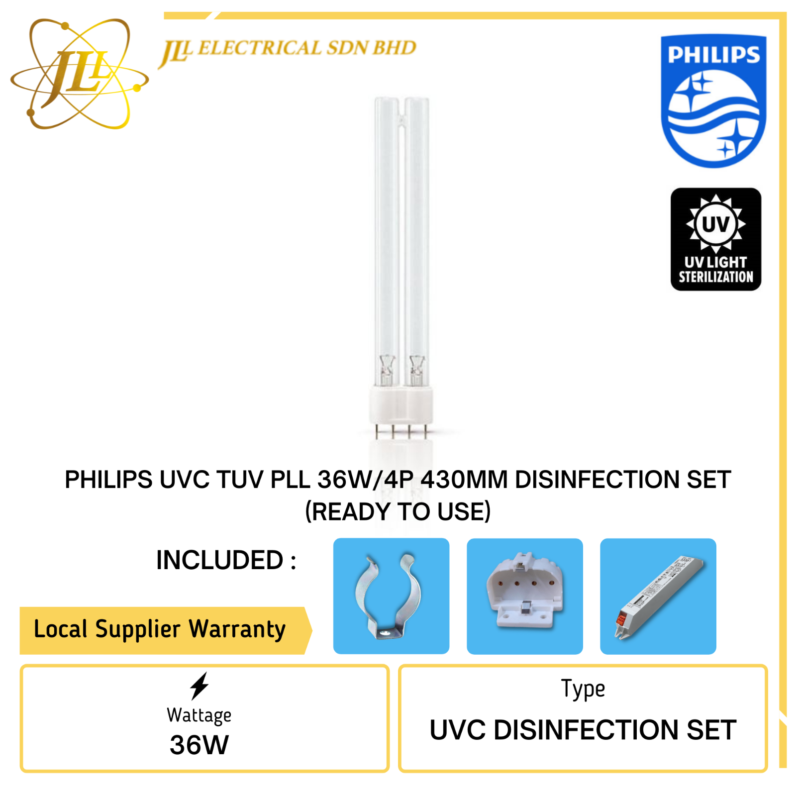 PHILIPS TUV PLL 36W 4P 2G11 C/w BALLAST, METAL CLIP, HOLDER & 3M WIRING ...