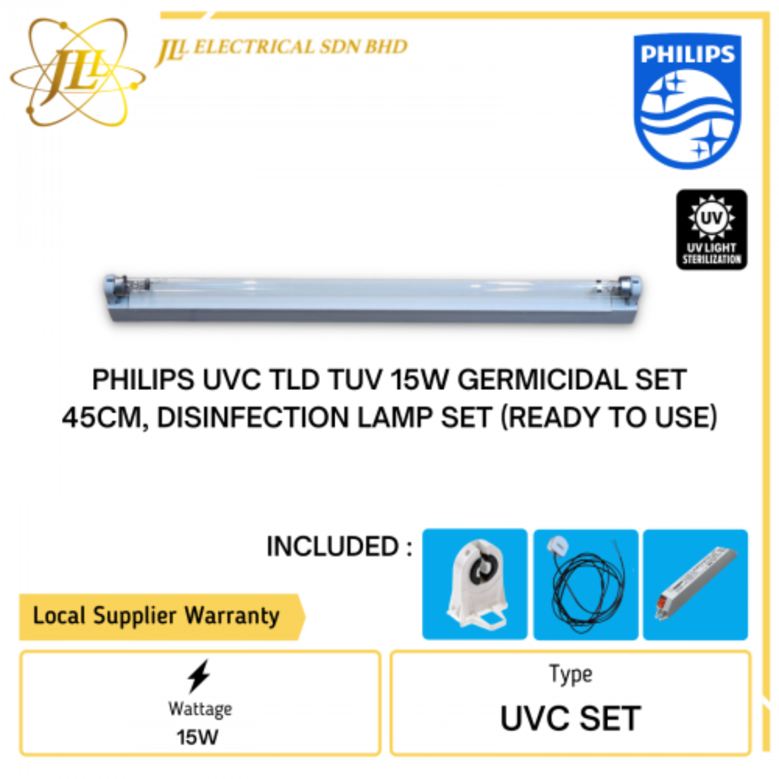 PHILIPS TLD TUV 15W T8 (1.5FT) C/w FITTING, BALLAST, HOLDER, 3M CABLE ...