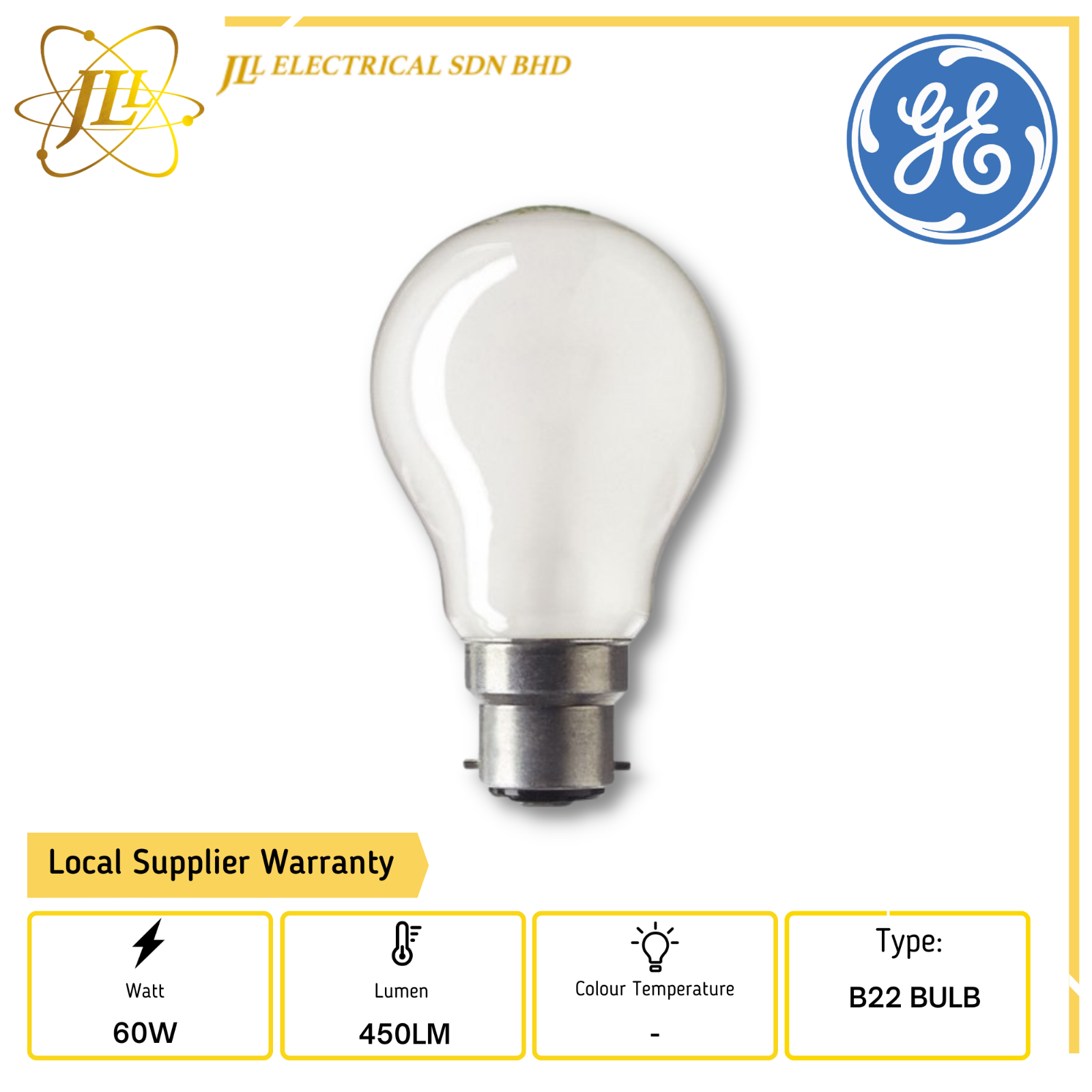 GE GLS INCANDESCENT LAMP 60W 60A1/P/VRS/BC 110/120V BE 60mm B22d 31535 ...