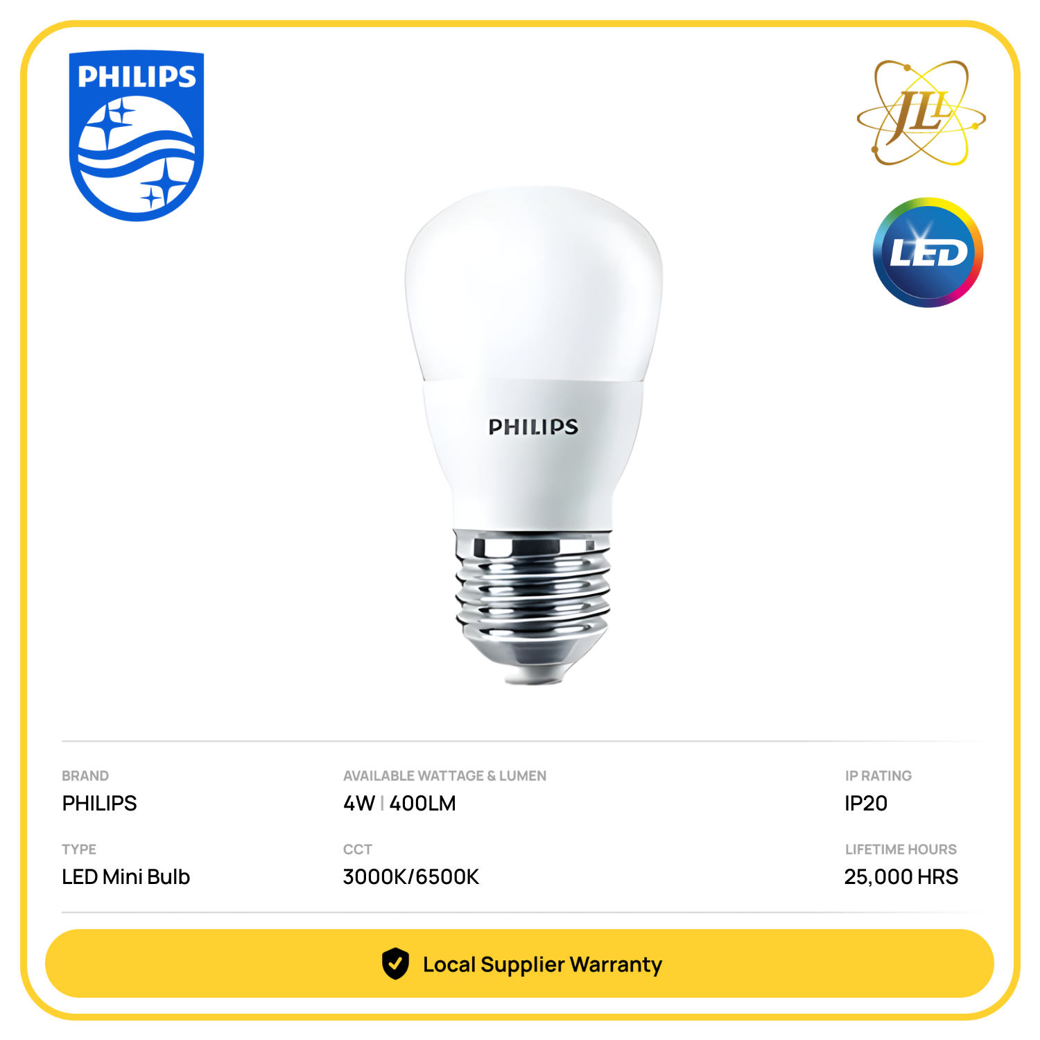PHILIPS EYECOMFORT E27 LED MINI BULB P45 4W 400LM 25,000HRS [3000K ...