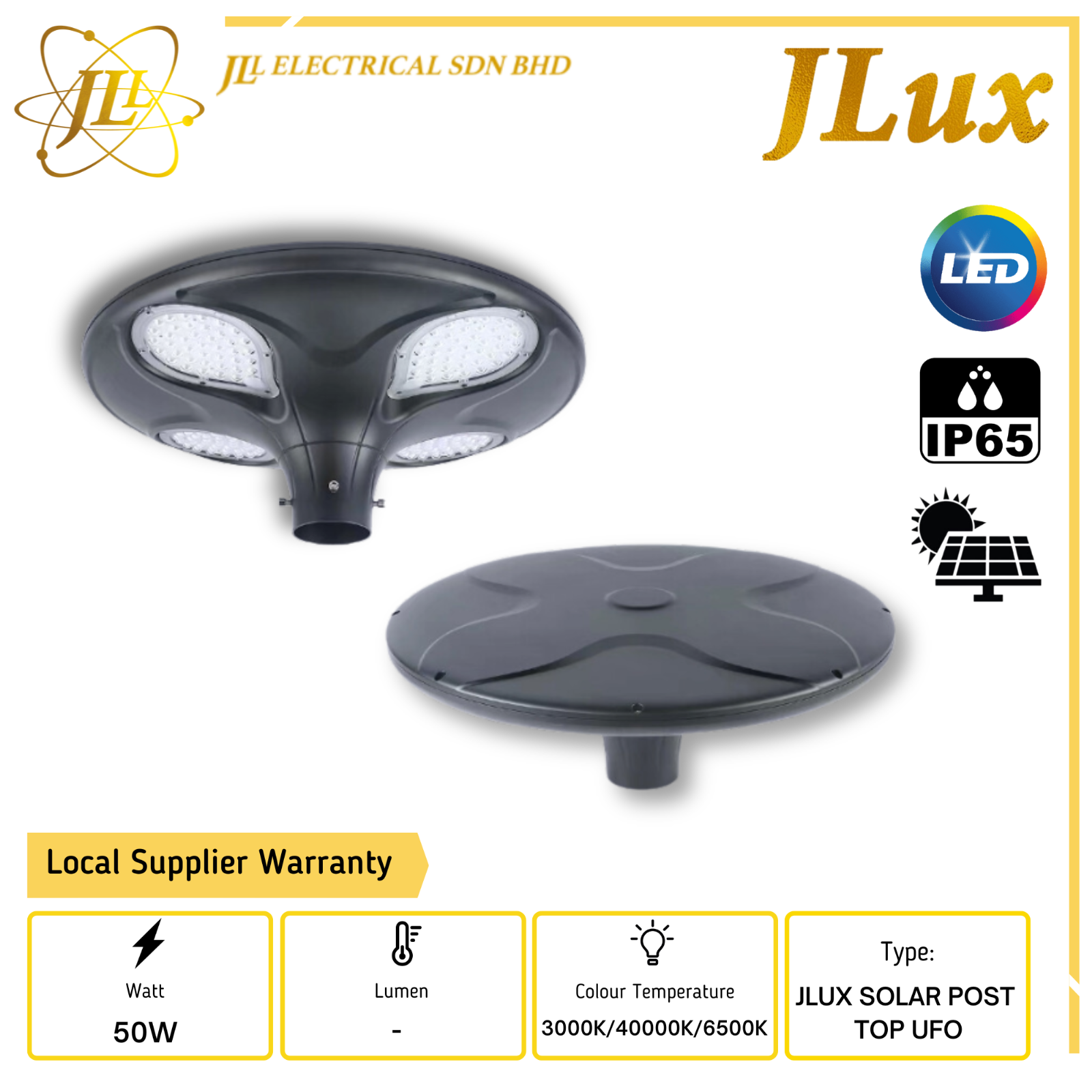 JLUX 6127 50W IP65 LED OUTDOOR SOLAR UFO POST TOP [3000K/4000K/6500K ...
