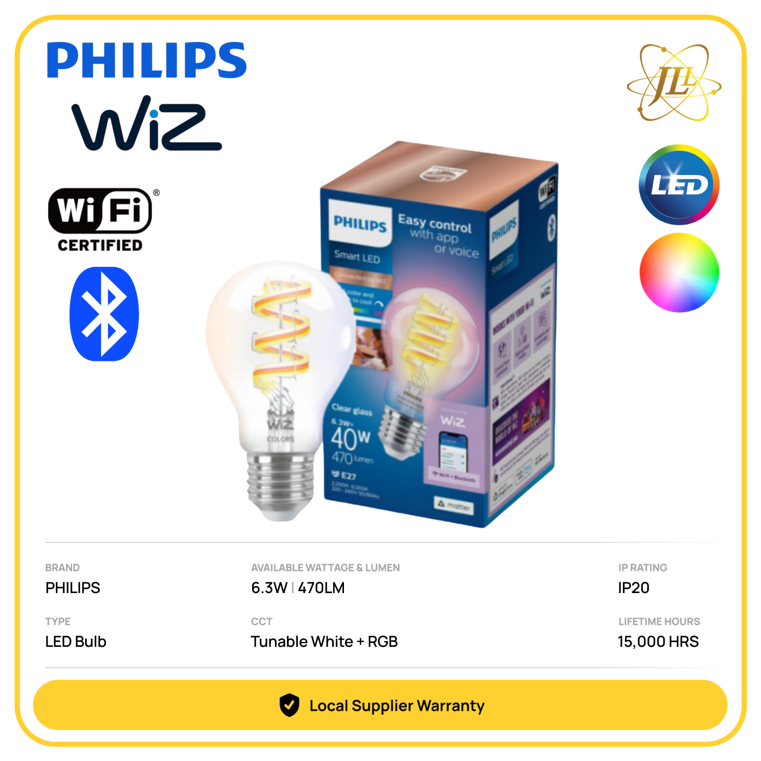 PHILIPS WiZ FILAMENT LED SMART BULB 6.3W A60 E27 470LM TUNABLE WHITE ...