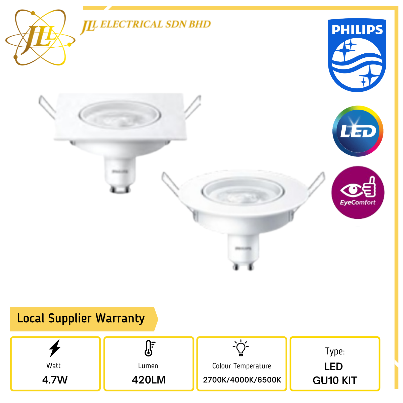 PHILIPS GU10 KIT EYECOMFORT NON DIMMABLE LED SPOTLIGHT 4.7W 220-240VAC ...