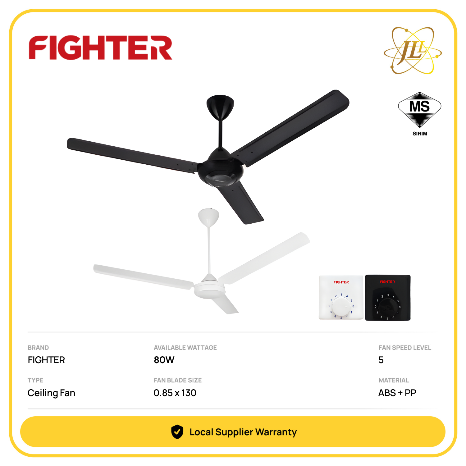 FIGHTER 3 BLADE CEILING FAN 60'' 220-240V 80W [BLACK/WHITE] (SIRIM ...