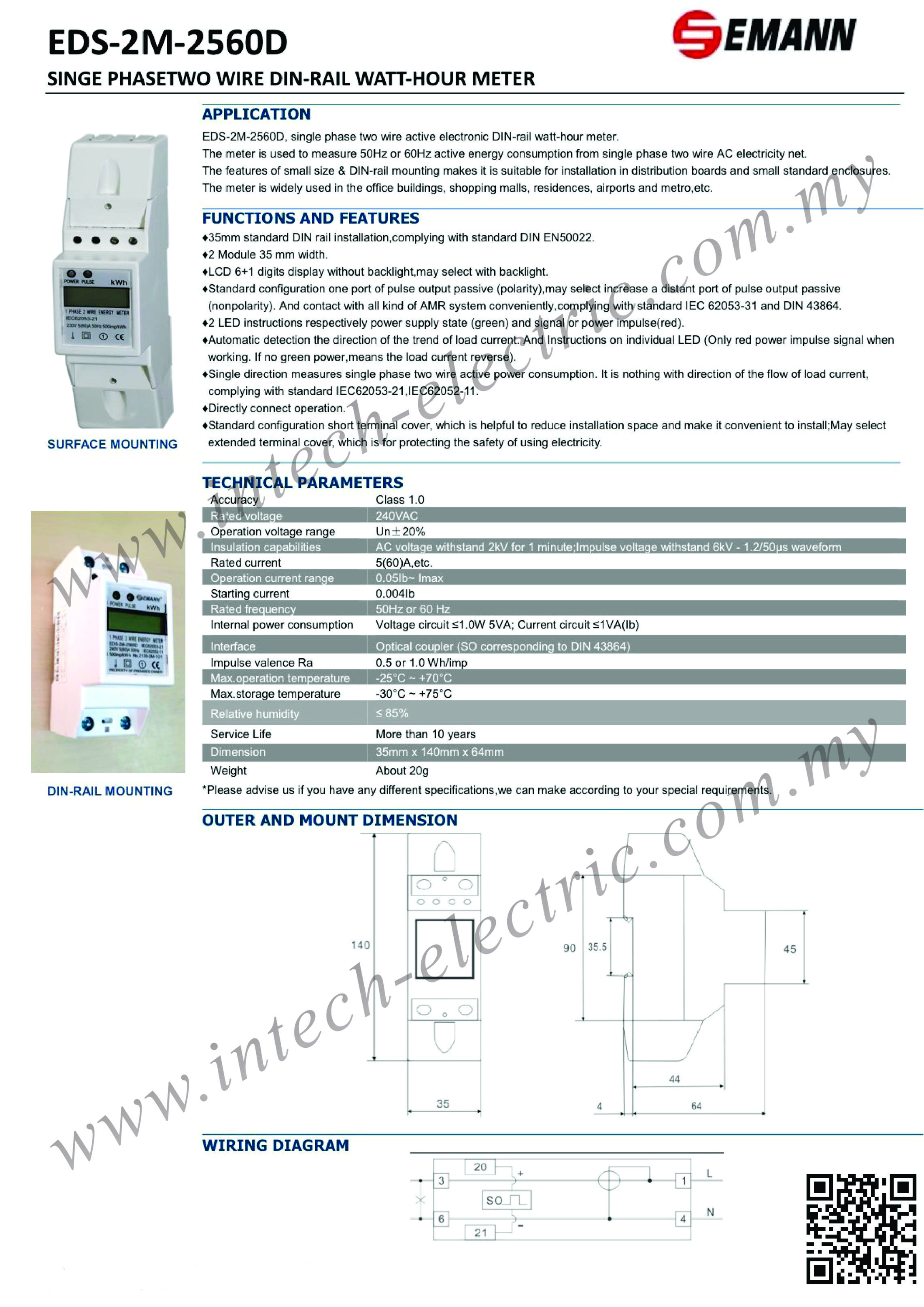 EMANN EDS-2M-2560D SINGLE PHASE 2WIRE DIN RAIL WATT HOUR METER Johor ...