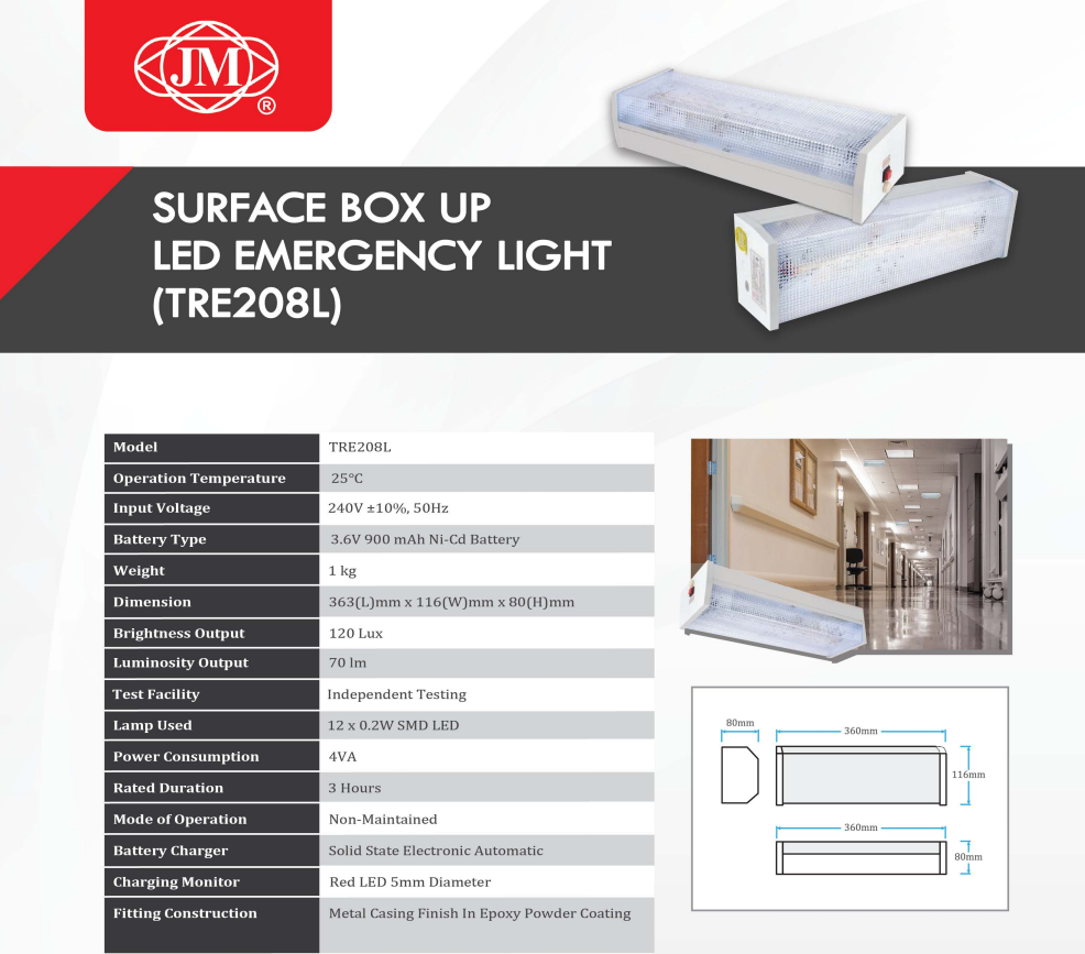 JM TRE208L 12X0.2W 240V SIRIM LED SMD SURFACE BOX UP EMERGENCY LIGHT ...