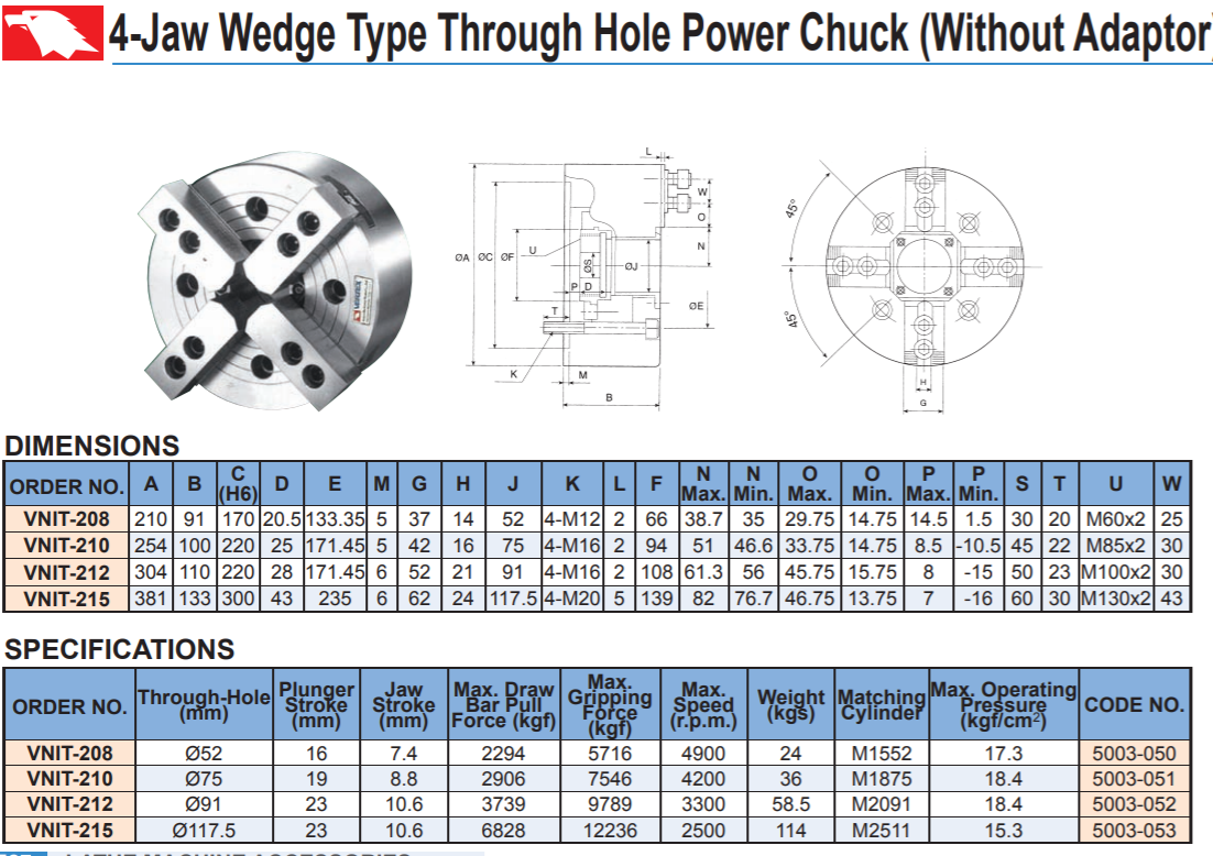 VERTEX 4-Jaw Wedge Type Through Hole Power Chuck (Without Adaptor ...