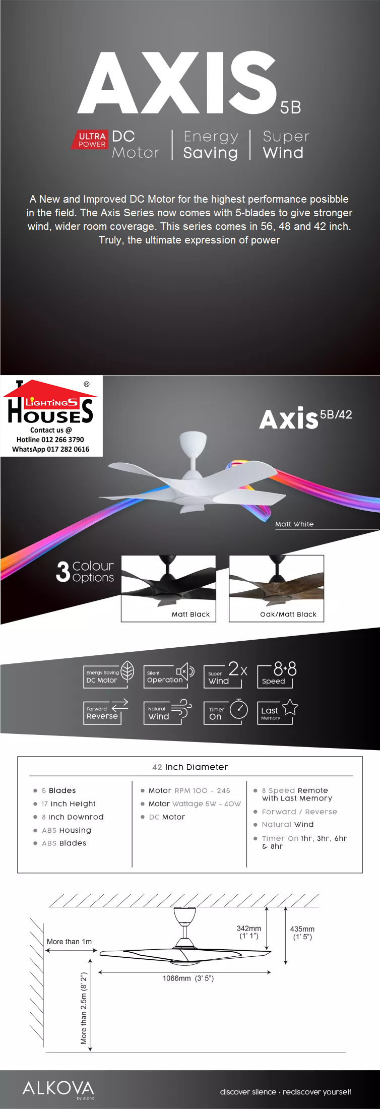 ALPHA Alkova - AXIS 42 Inch DC Motor Ceiling Fan with 5 Blades (8 Speed ...