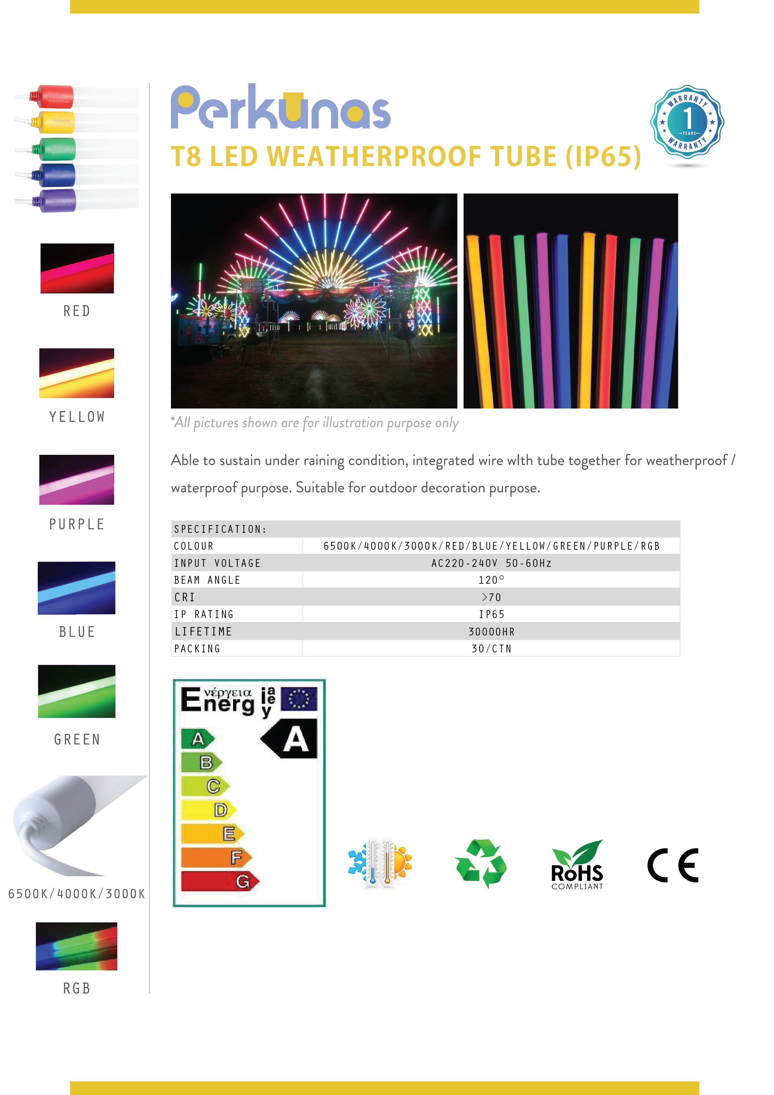 Perkunas T8 Weatherproof Outdoor Colour Tube (IP65) LED LED Tube Kuala ...