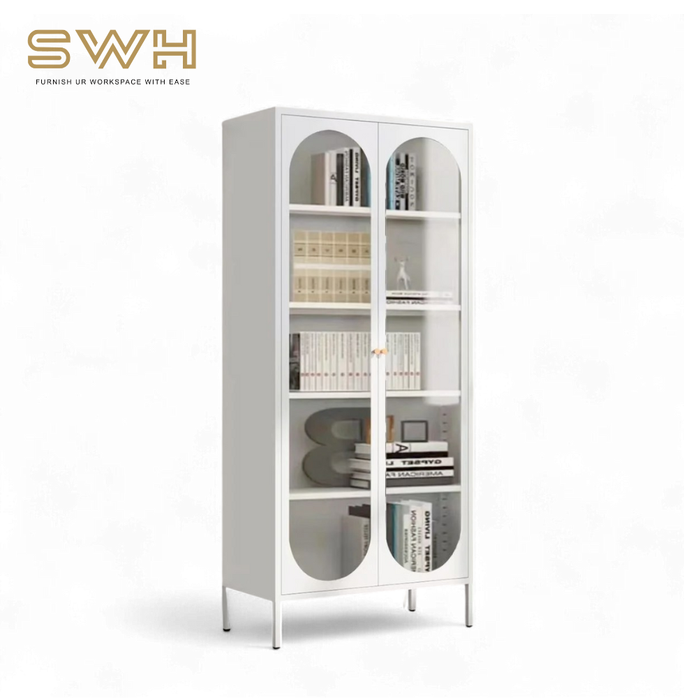 ARCUS (B) Glass Door Display Cabinet – Modern White Storage Showcase ...