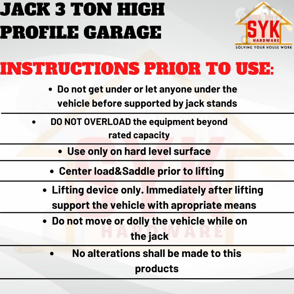 SYK Jack 2101-01 High Profile Garage 3 Ton Single Pump Floor Car Repair ...