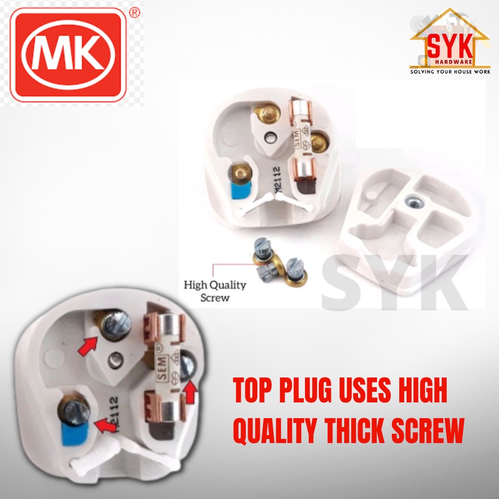 SYK MK 646 WHI 13A Heavy Duty 3 Pin Bakelite Fused Top Plug Kepala Plug ...