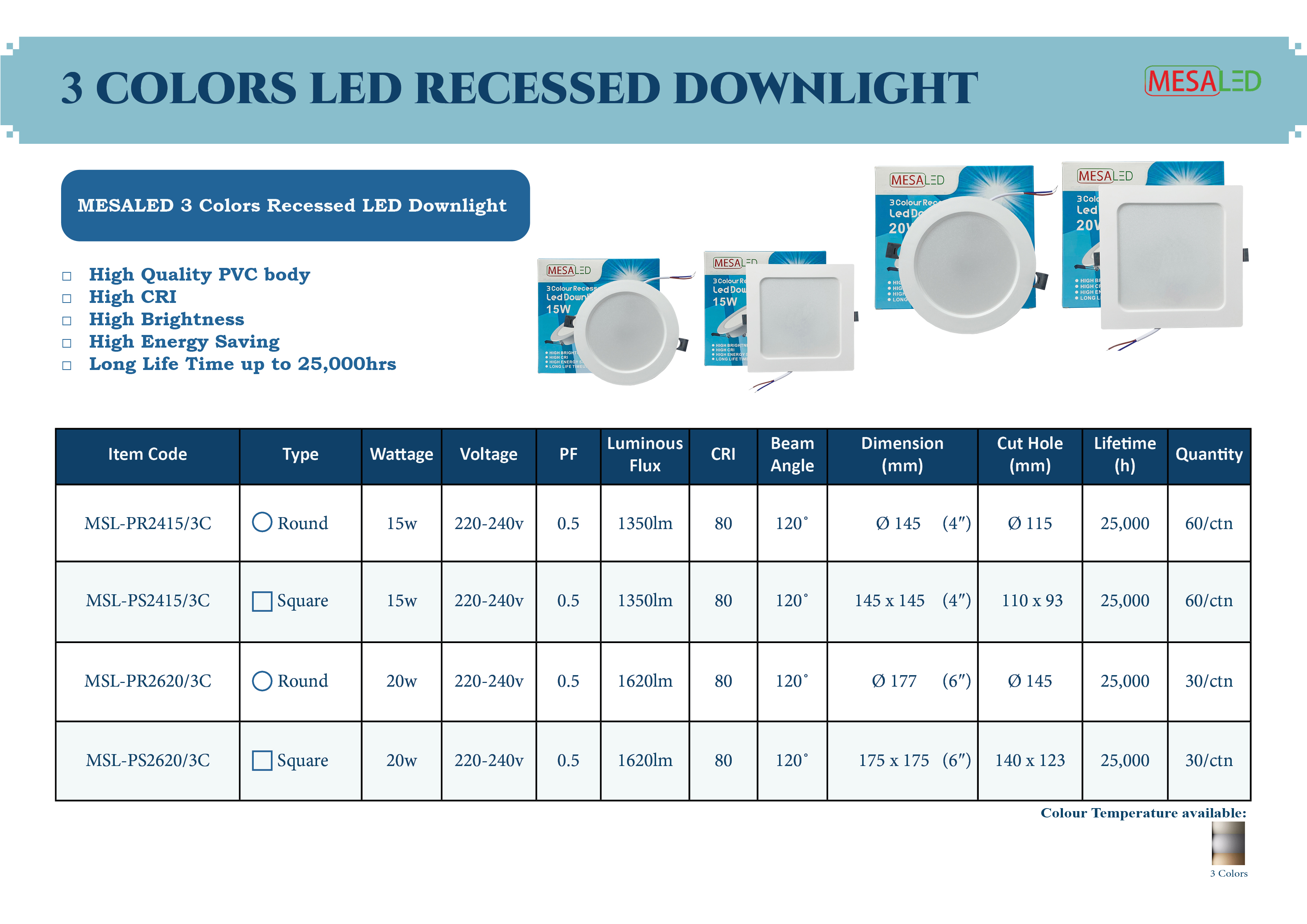 MSL-PR2620/3C 3 Colors Recessed LED Downlight 20W Puchong, Selangor, KL ...