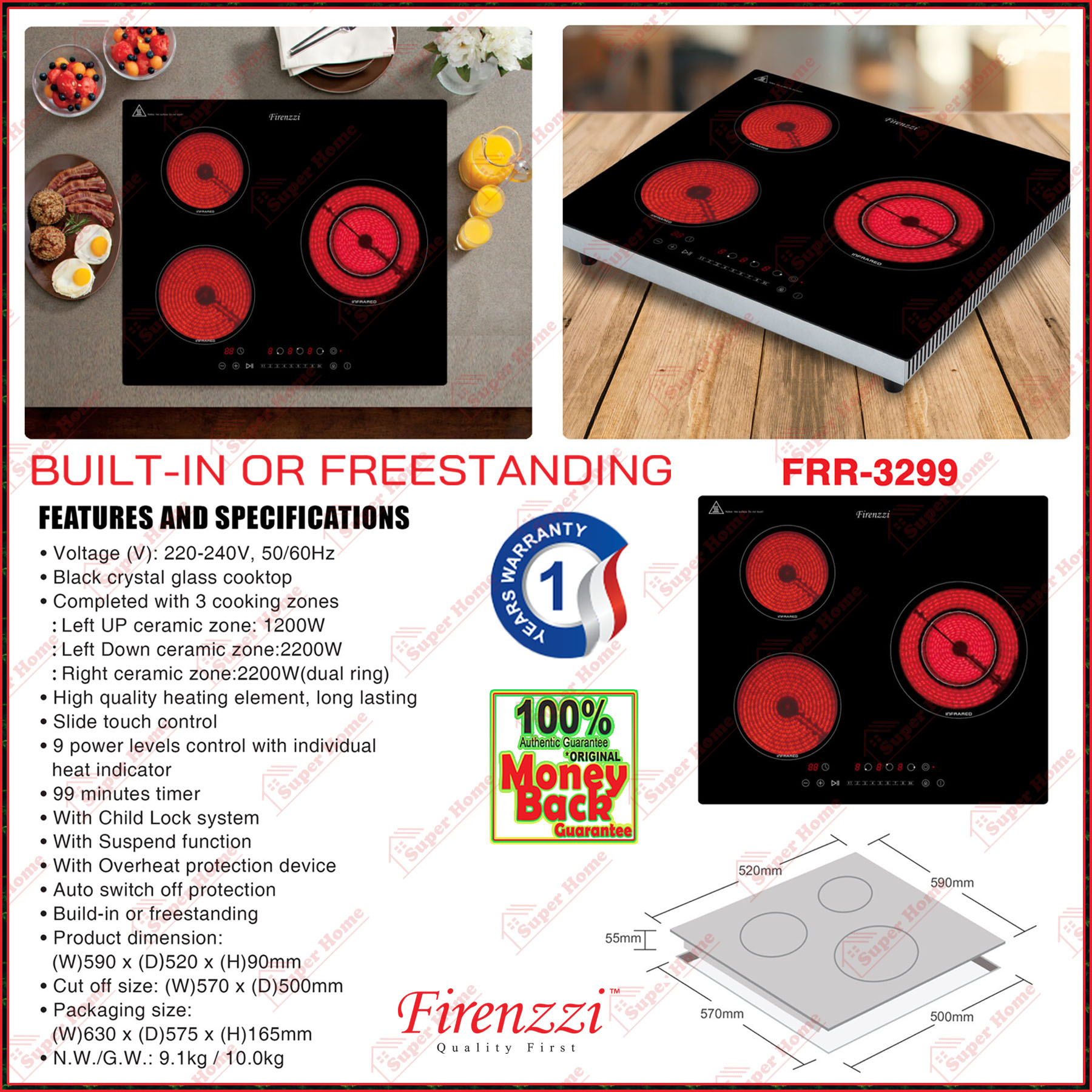 Firenzzi Electric Hob FRR-3299 Ceramic Hob 3 Cooking Zones Petaling ...