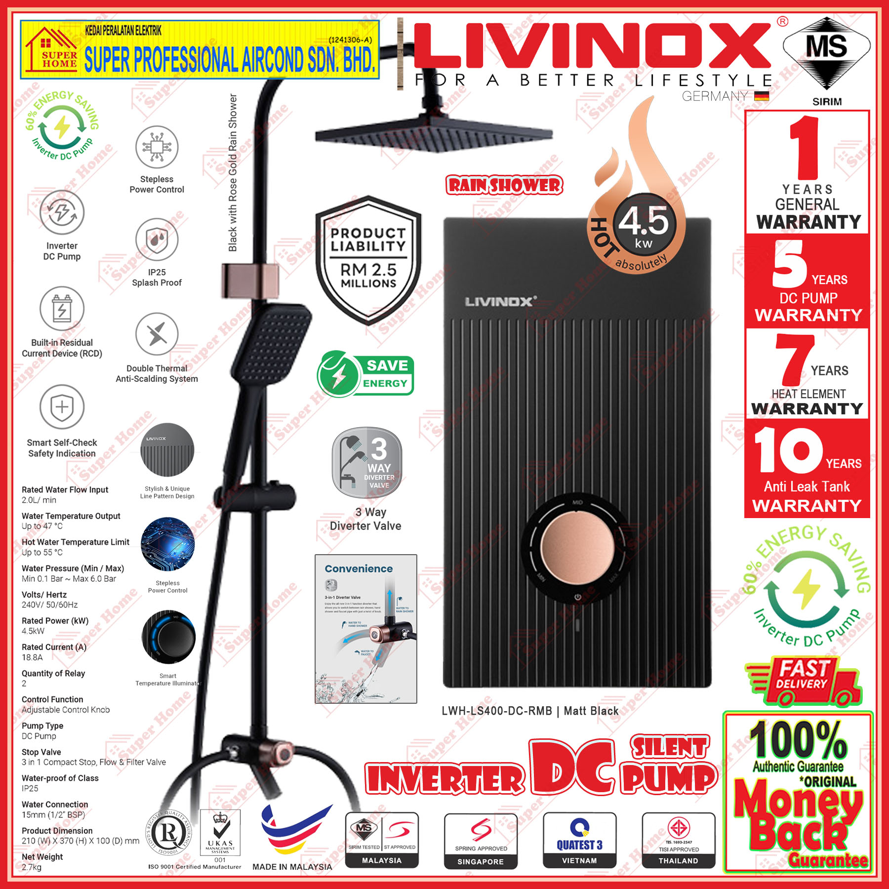 Livinox Water Heater LWH-LS400-DC-RMB DC Inverter Silent Pump Instant ...