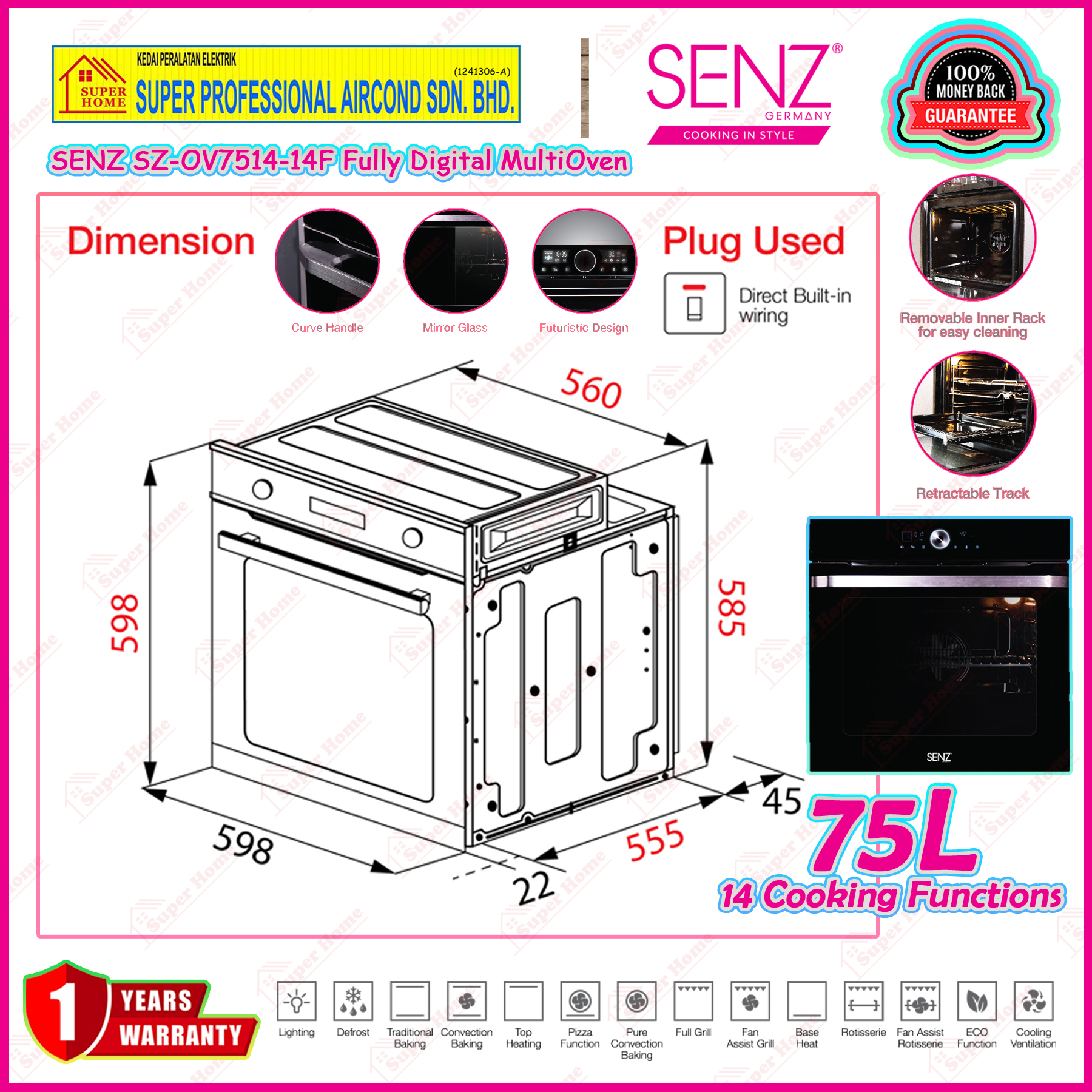 Senz Build-in Oven SZ-OV7514-14F Fully Digital Multi Oven 75L ((14 ...