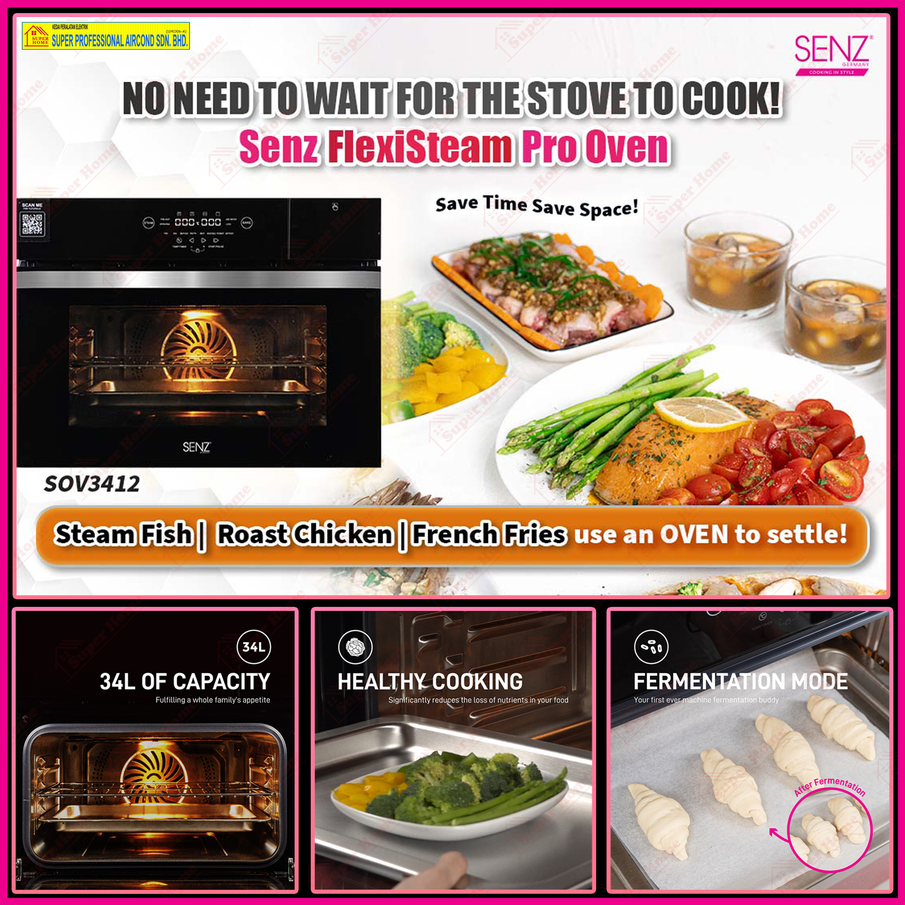 Senz Steam Oven SZ-SOV3412 FlexiSteam Pro Fully Digital Build-in Steam ...