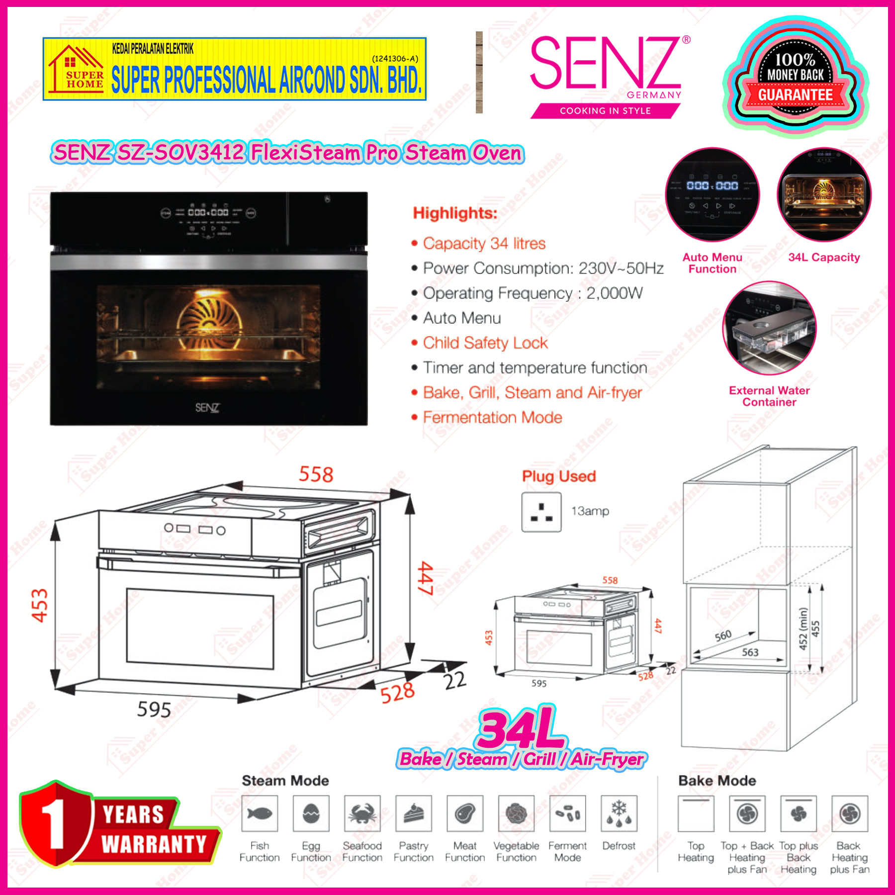 Senz Steam Oven SZ-SOV3412 FlexiSteam Pro Fully Digital Build-in Steam ...